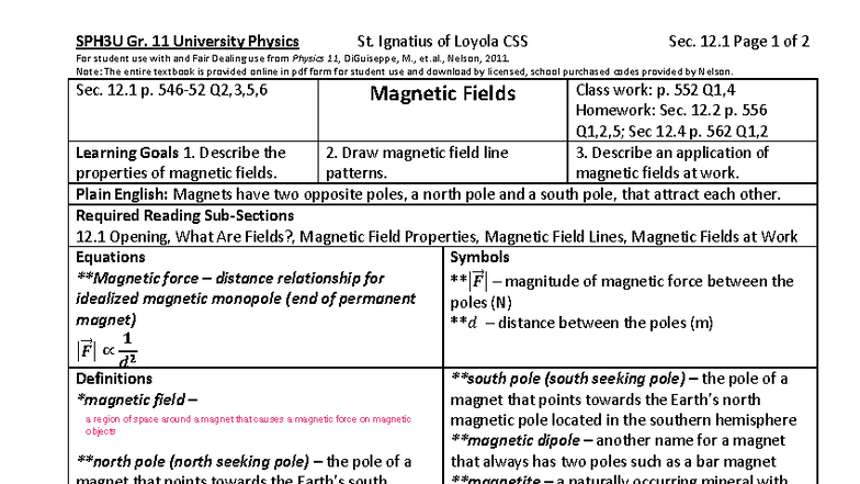 SPH3U Gr. 11 Physics: Magnetic Fields Class Work & Homework - Studocu