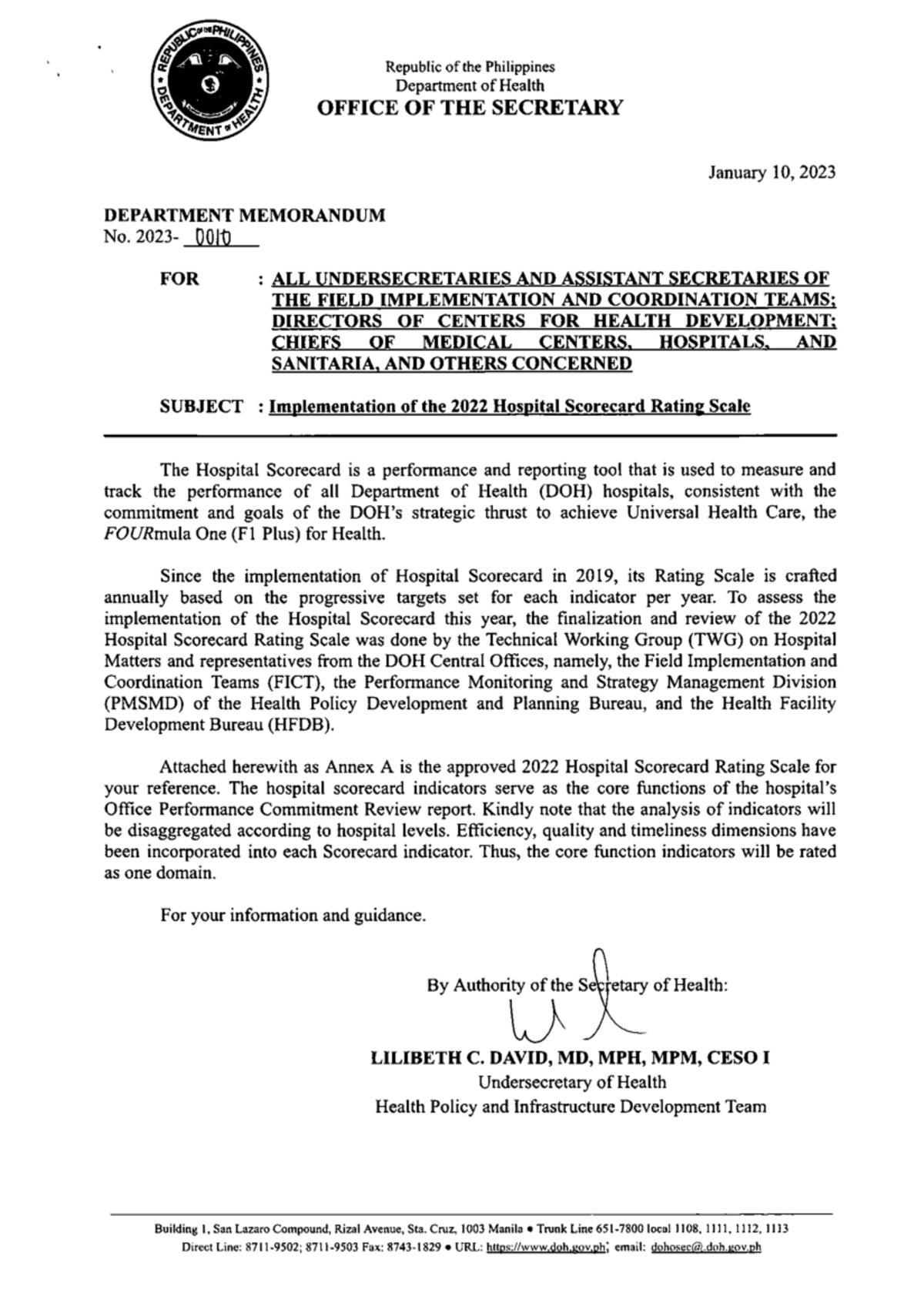 Implementation of 2022 Hospital Scorecard Rating Scale - DOH Memo 2023 ...