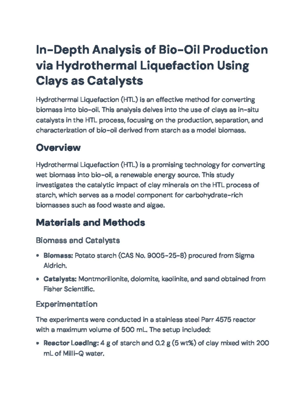 Analysis of Bio-Oil Production via HTL with Clay Catalysts: Insights ...