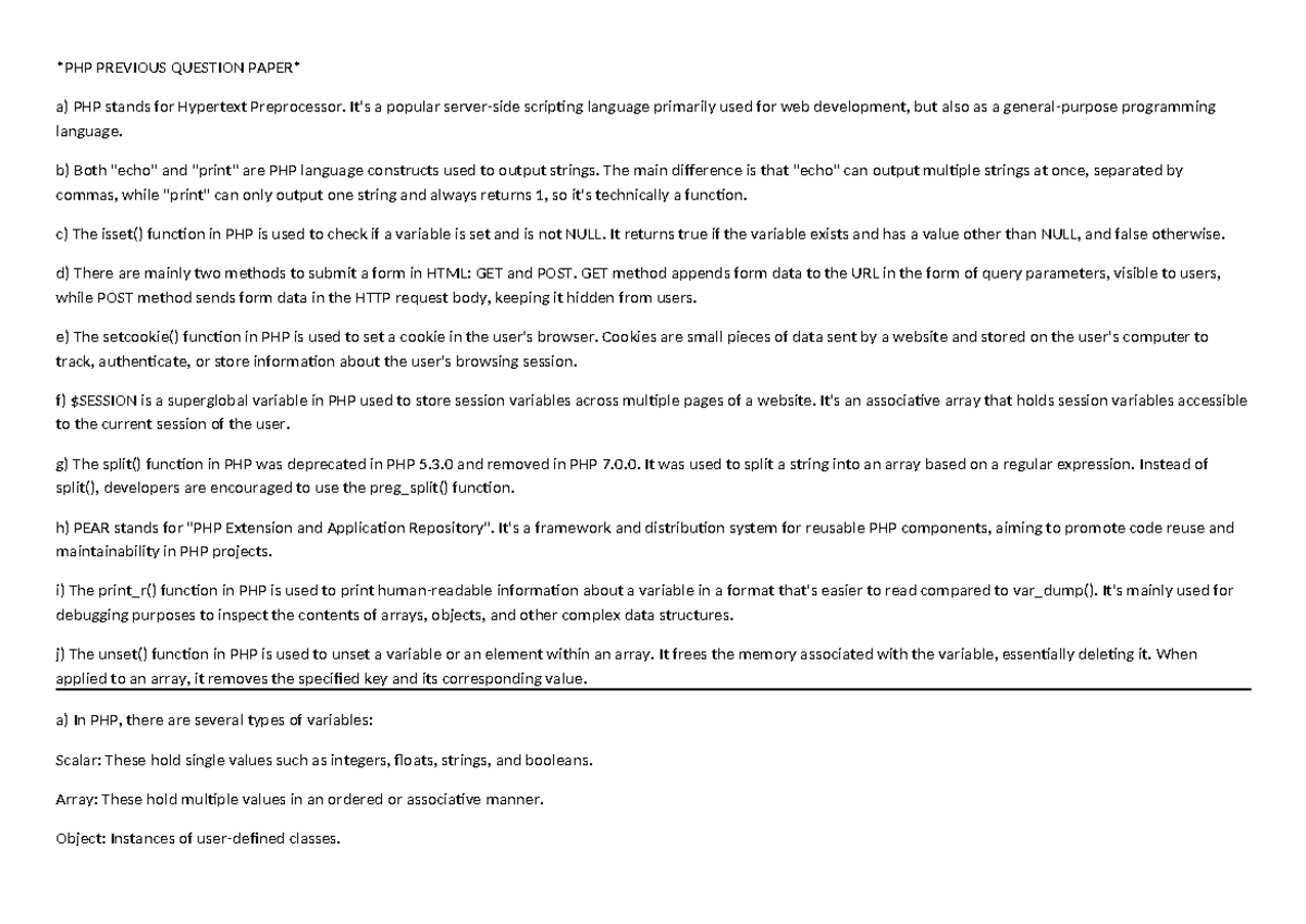 PHP Previous Question Paper - PHP PREVIOUS QUESTION PAPER a) PHP stands ...