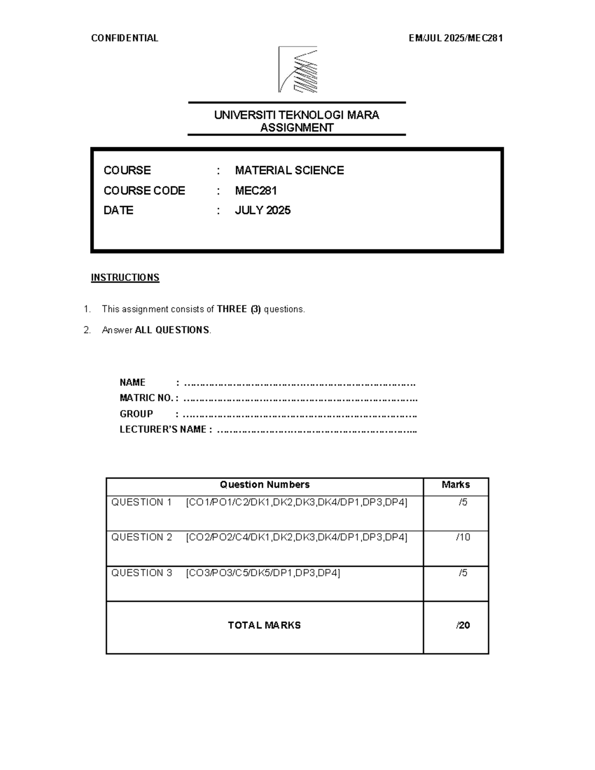 Assignment Q for MEC281: Material Science - JUL 2025 - Studocu