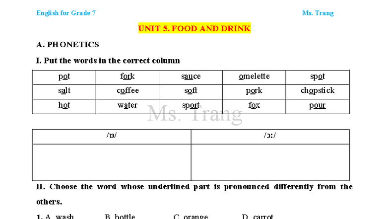 English for Grade 7 Ms. Trang - Unit 5: Food and Drink Phonetics ...
