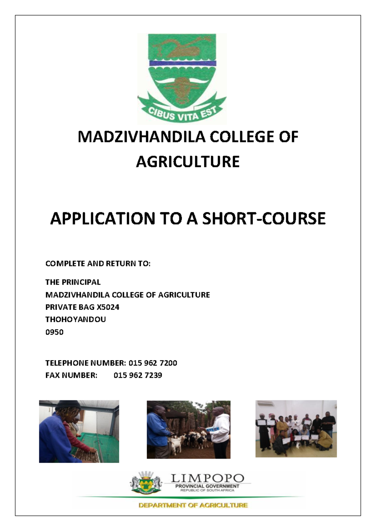 MADZIVHANDILA COLLEGE OF AGRICULTURE Short-Course Application Form ...