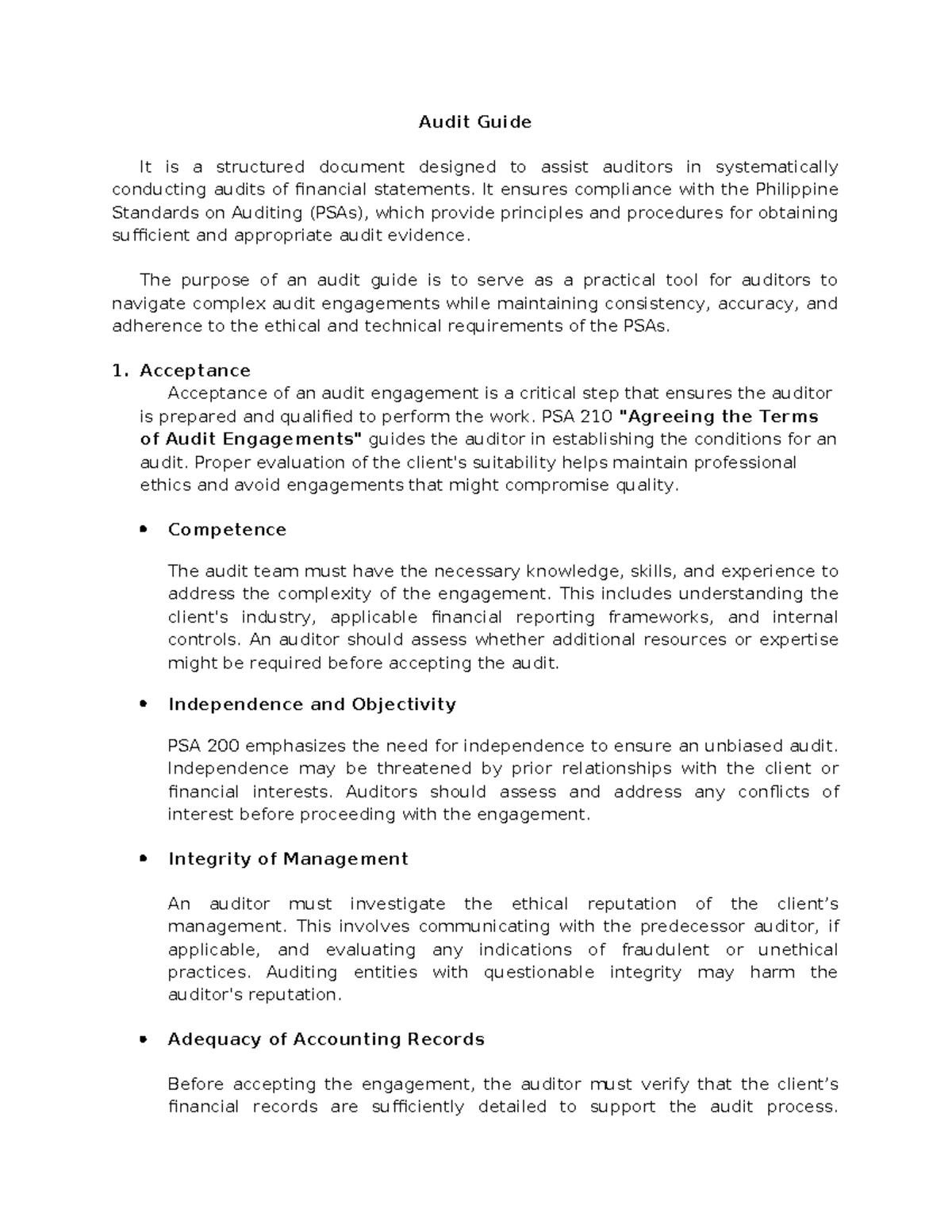 Audit Guide - assignment - Audit Guide It is a structured document designed to assist auditors ...