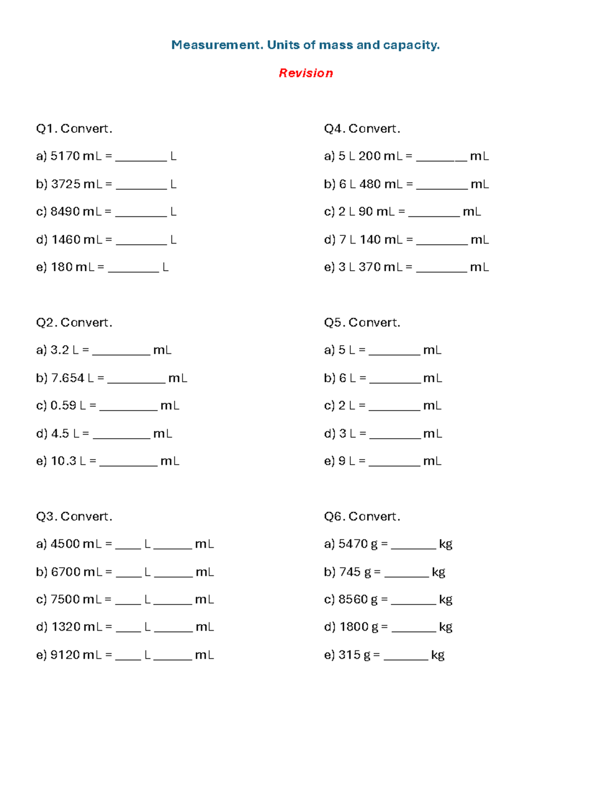Gr 3 Measurement Practice: Mass & Capacity Conversions - Studocu