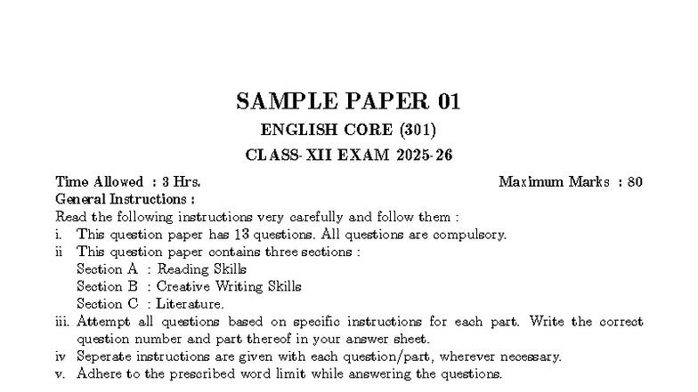 CBSE 12th English Core Sample Paper 01 - Comprehensive Review - Studocu