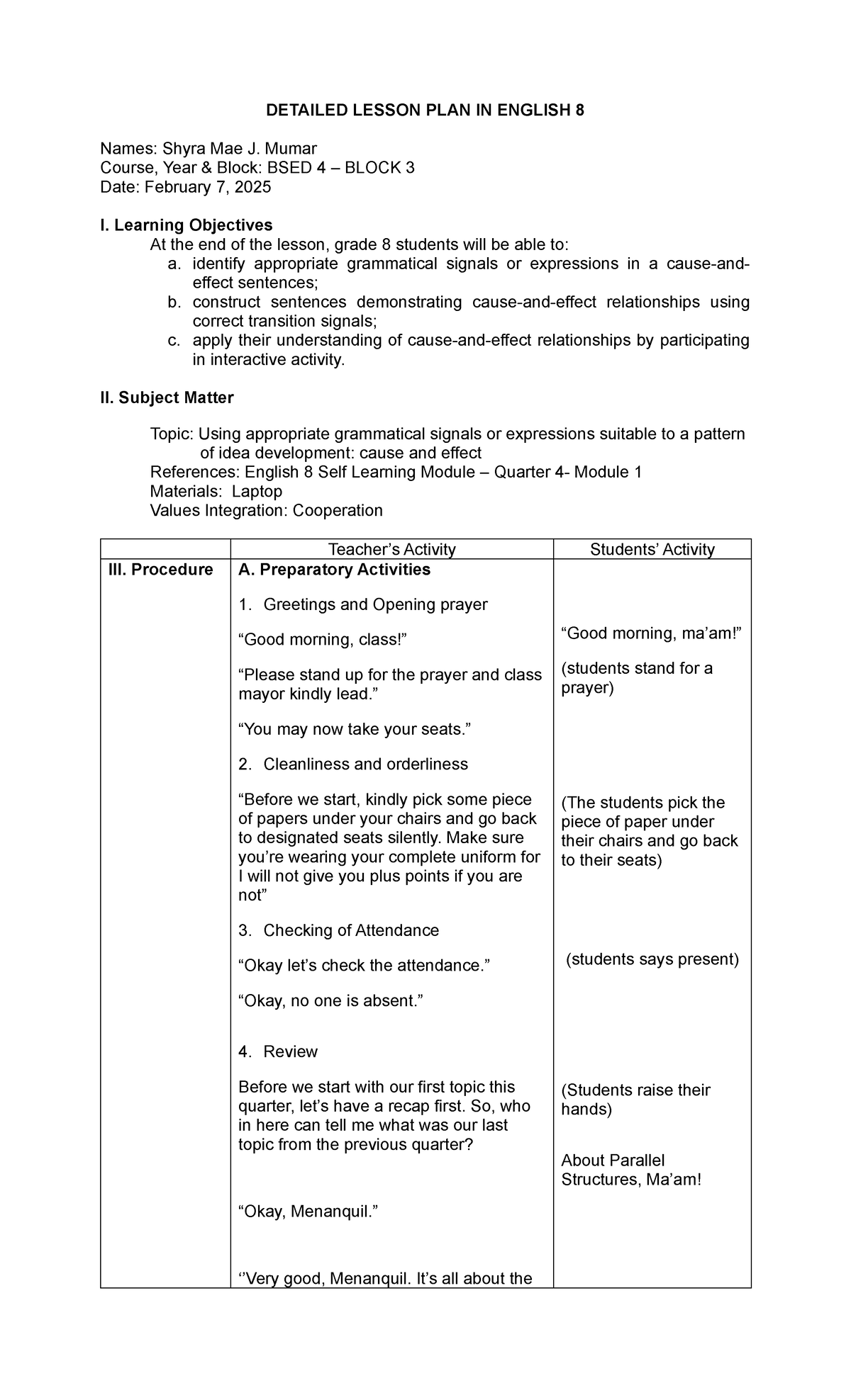 Cause And Effect Lesson Plan For High School
