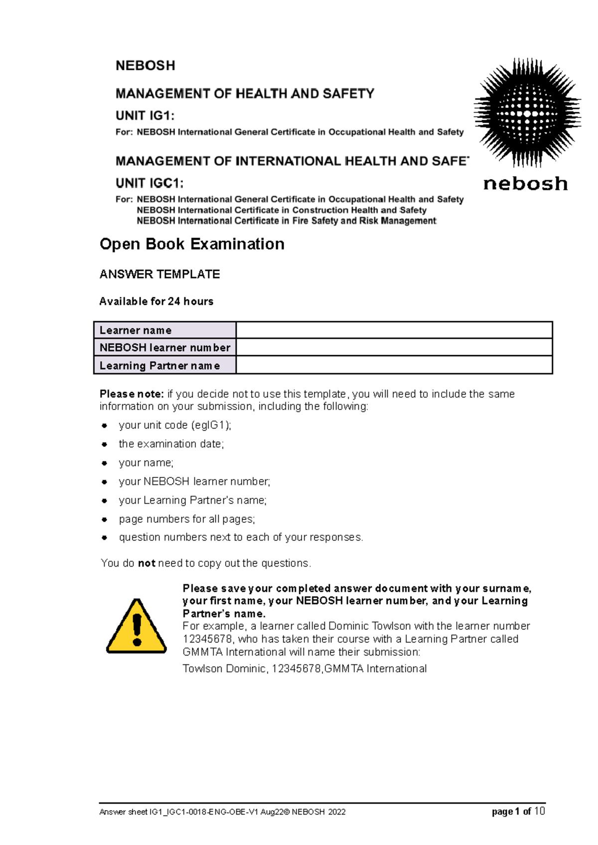 IG1 Open Book Exam - Answer Sheet for NEBOSH Learners - Studocu