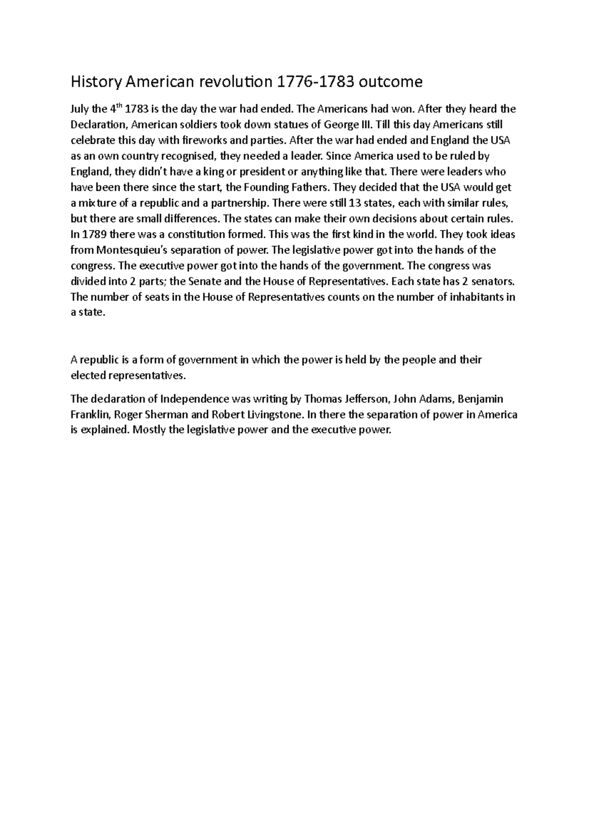 American Revolution 1776-1783: Government Formation & Outcome - Studeersnel