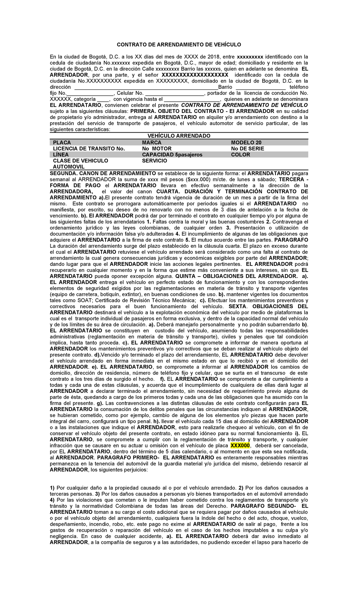 Contrato de Arrendamiento de Vehículo - Bogotá 2018 - Studocu