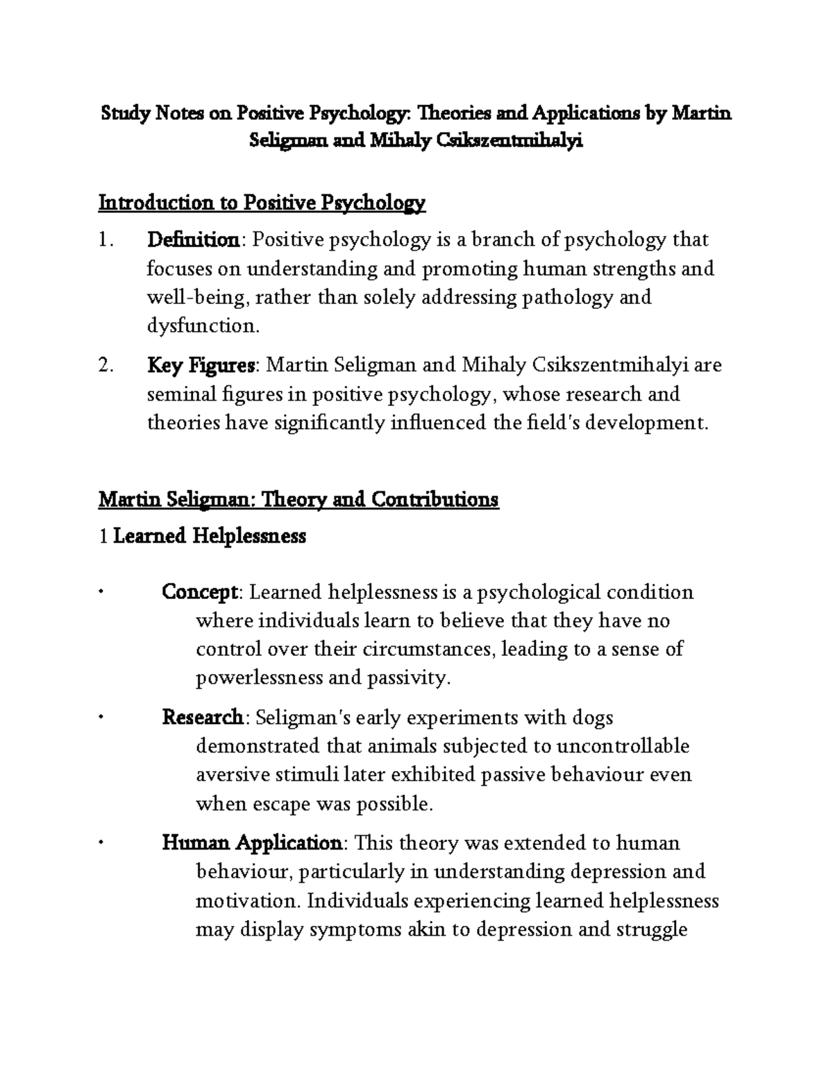 Study Notes on Positive Psychology - Key Figures: Martin Seligman and ...