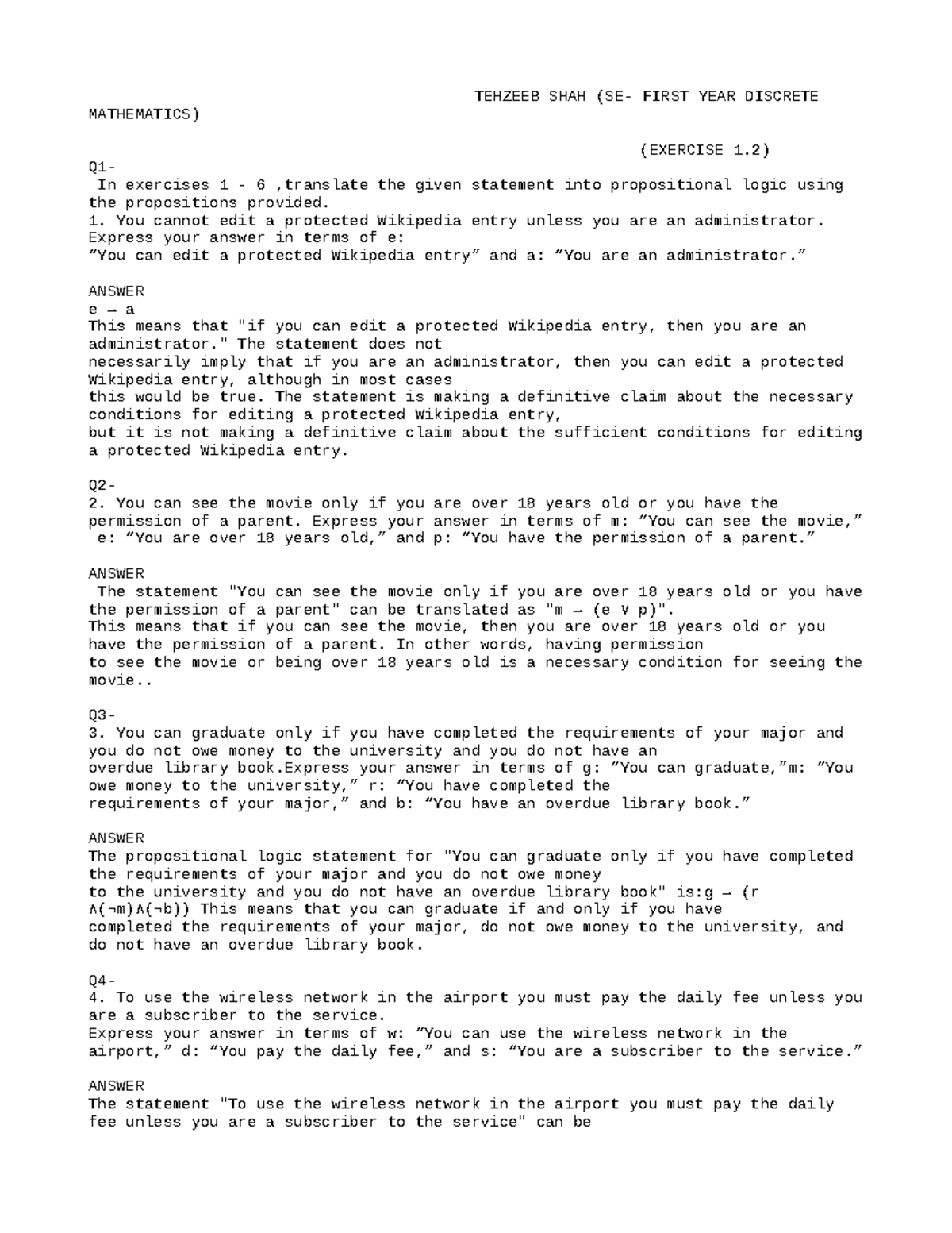 Discrete Math Solutions - Chapter 1 Exercises (SE-1st Year) - Studocu