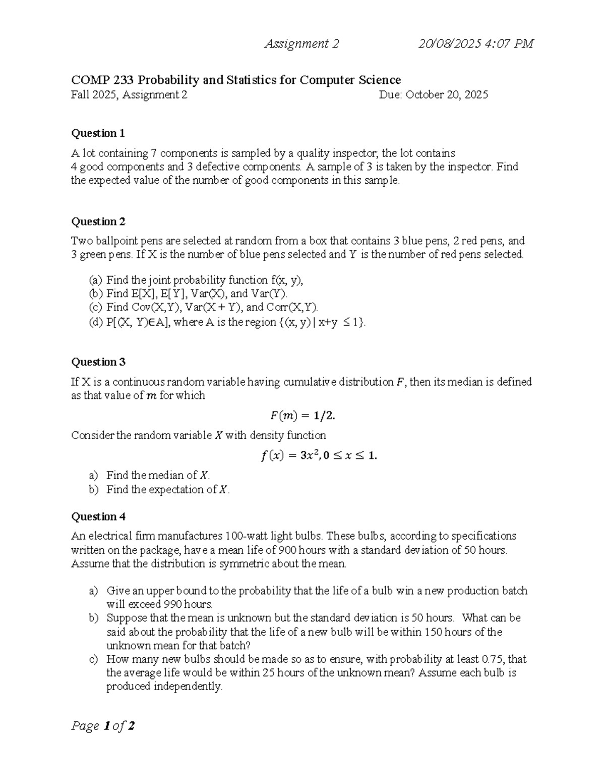 COMP 233 Assignment 2: Probability & Statistics Questions - Studocu