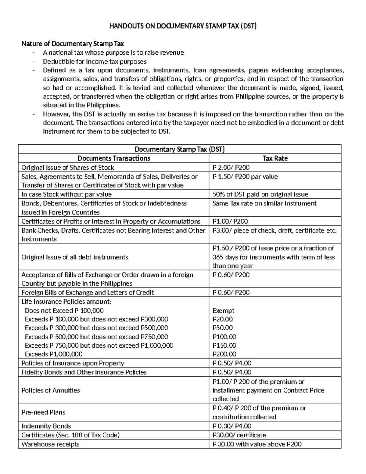 Documentary Stamp Tax (DST) Overview & Rates Handout - Studocu