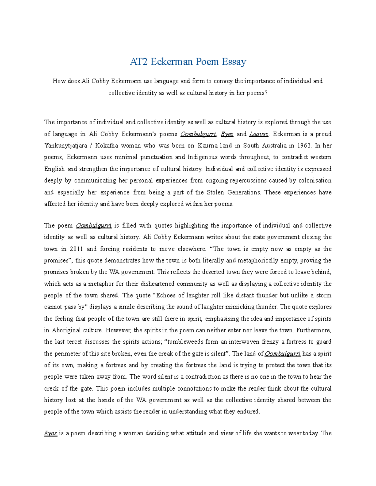 Ali Cobby Eckermann Essay - AT2 Eckerman Poem Essay How does Ali Cobby Eckermann use language ...