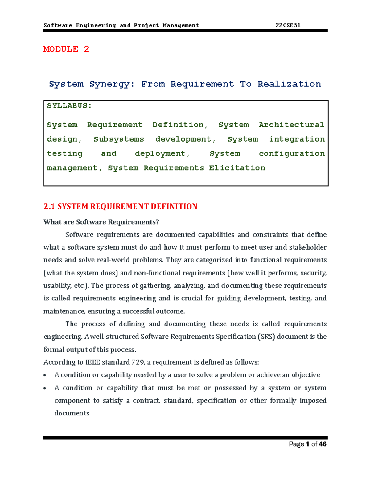 Software Engineering and Project Management 22CSE51 Module 2: System ...