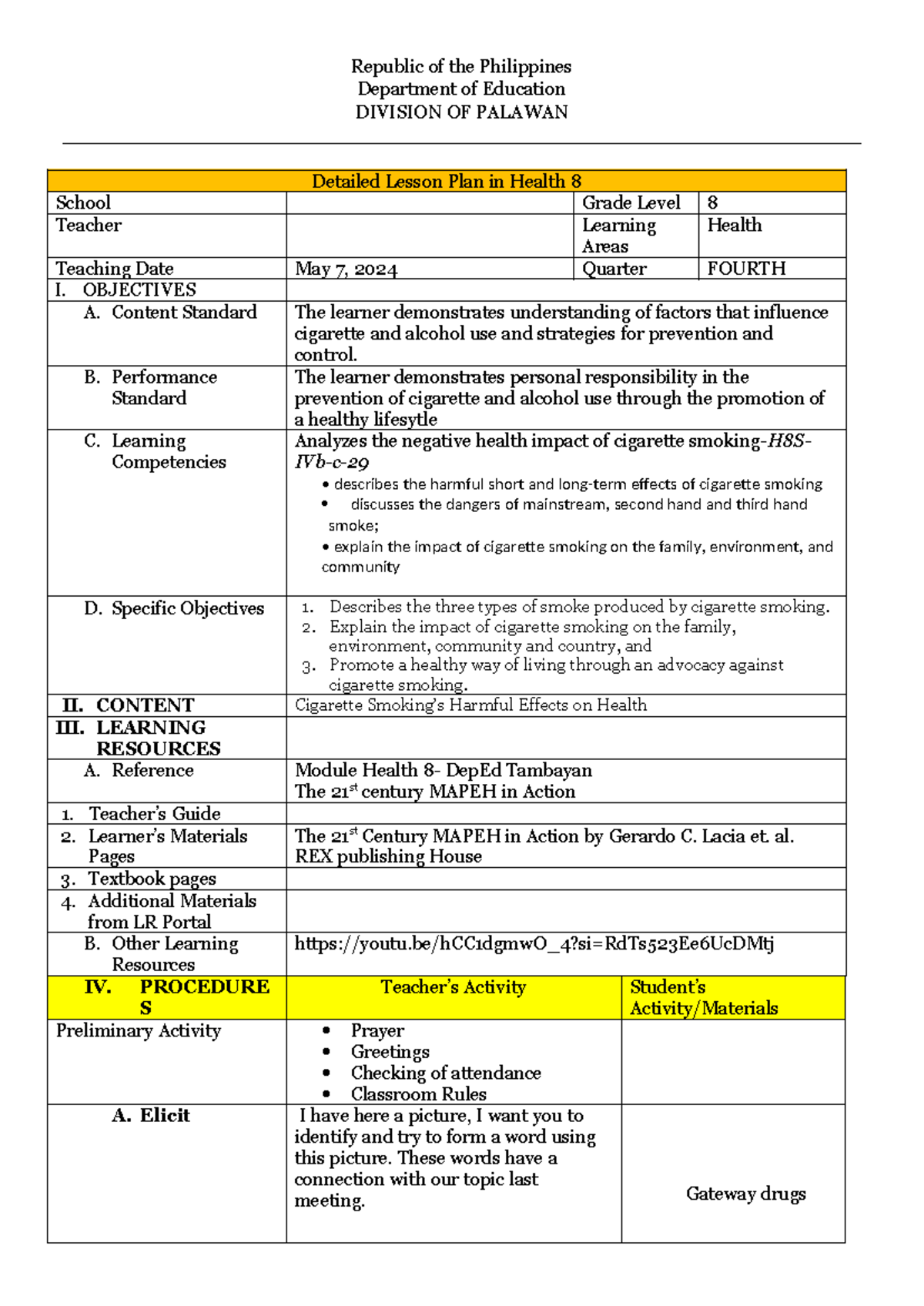 Detailed Lesson Plan on Cigarette Smoking's Health Impact - Health 8 ...
