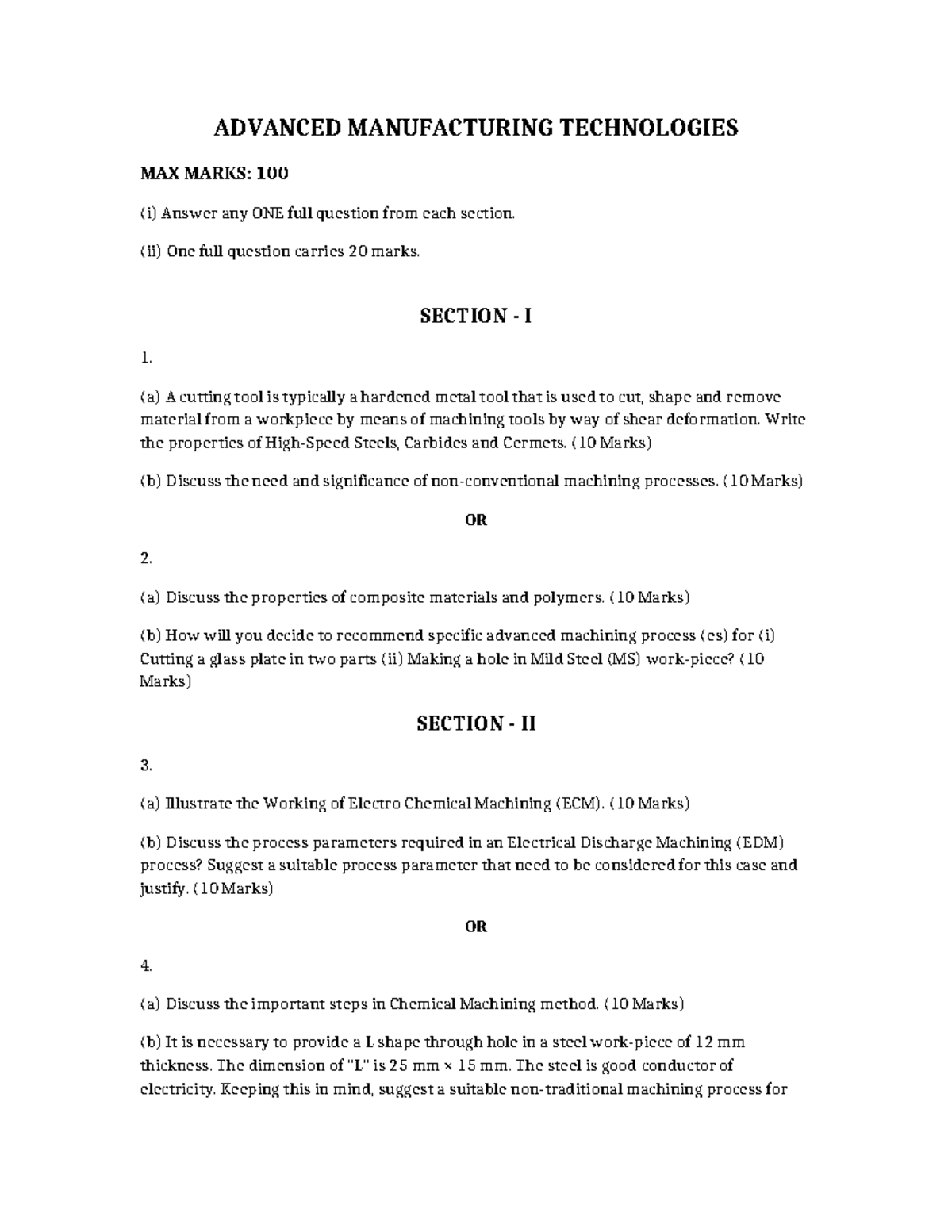 ADVANCED MANUFACTURING TECHNOLOGIES - MODEL QUESTION PAPER SET 2 - Studocu