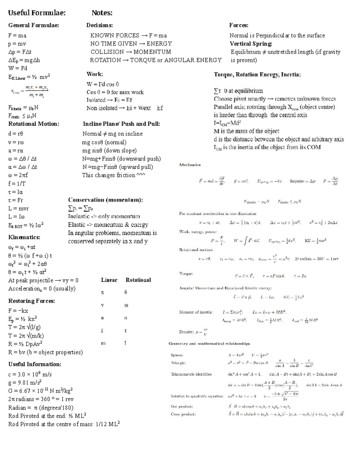 PHYS 101 Mechanics Term Test Cheat Sheet: Key Formulae & Concepts - Studocu