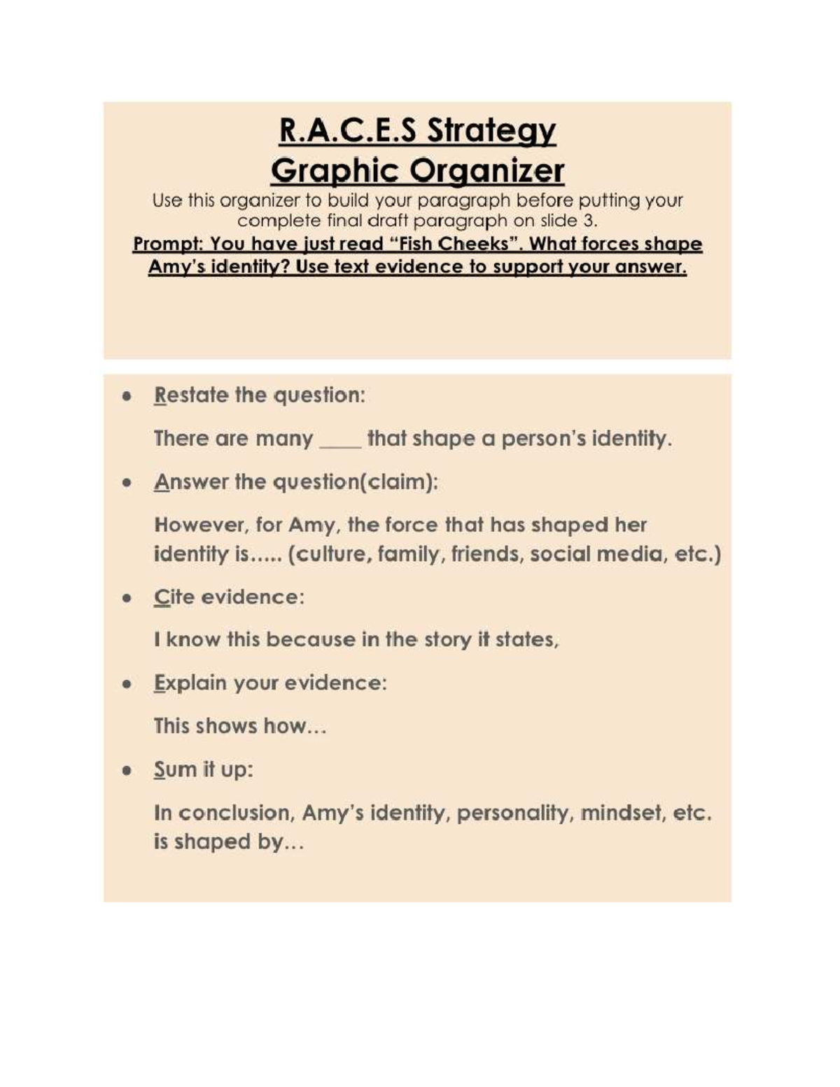 R.A.C.E.S Strategy Graphic Organizer for Identity Analysis - Studocu