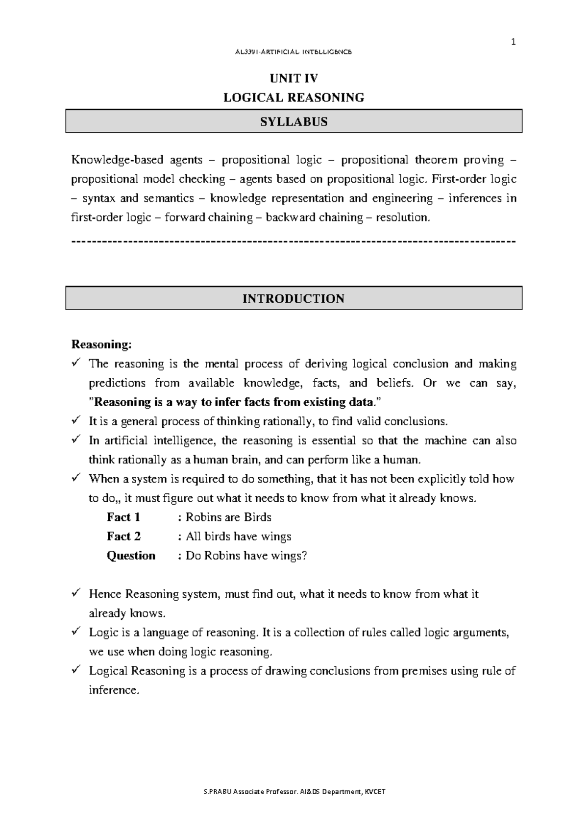 Unit IV: Logical Reasoning Full Notes for AI Course - Studocu