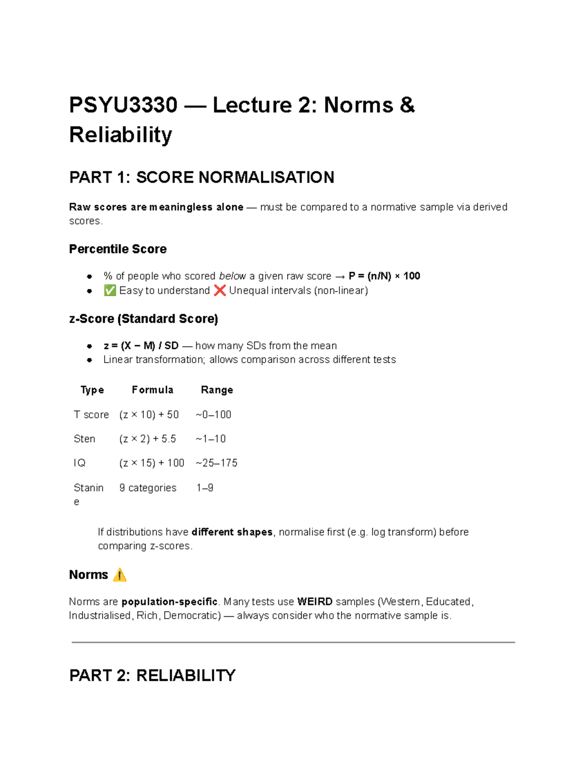PSYU3330 — Lecture 2: Norms & Reliability - Studocu
