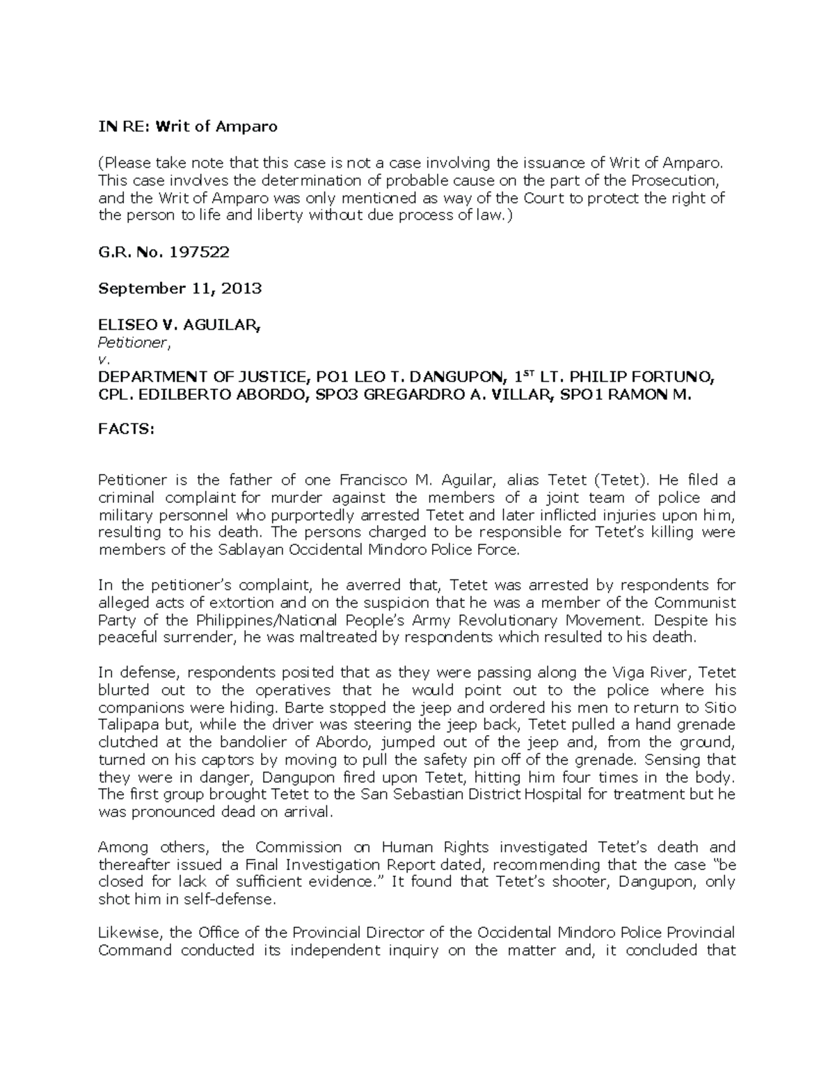 G.R. No. 197522 - Review of Writ of Amparo Case for Tetet's Killing ...