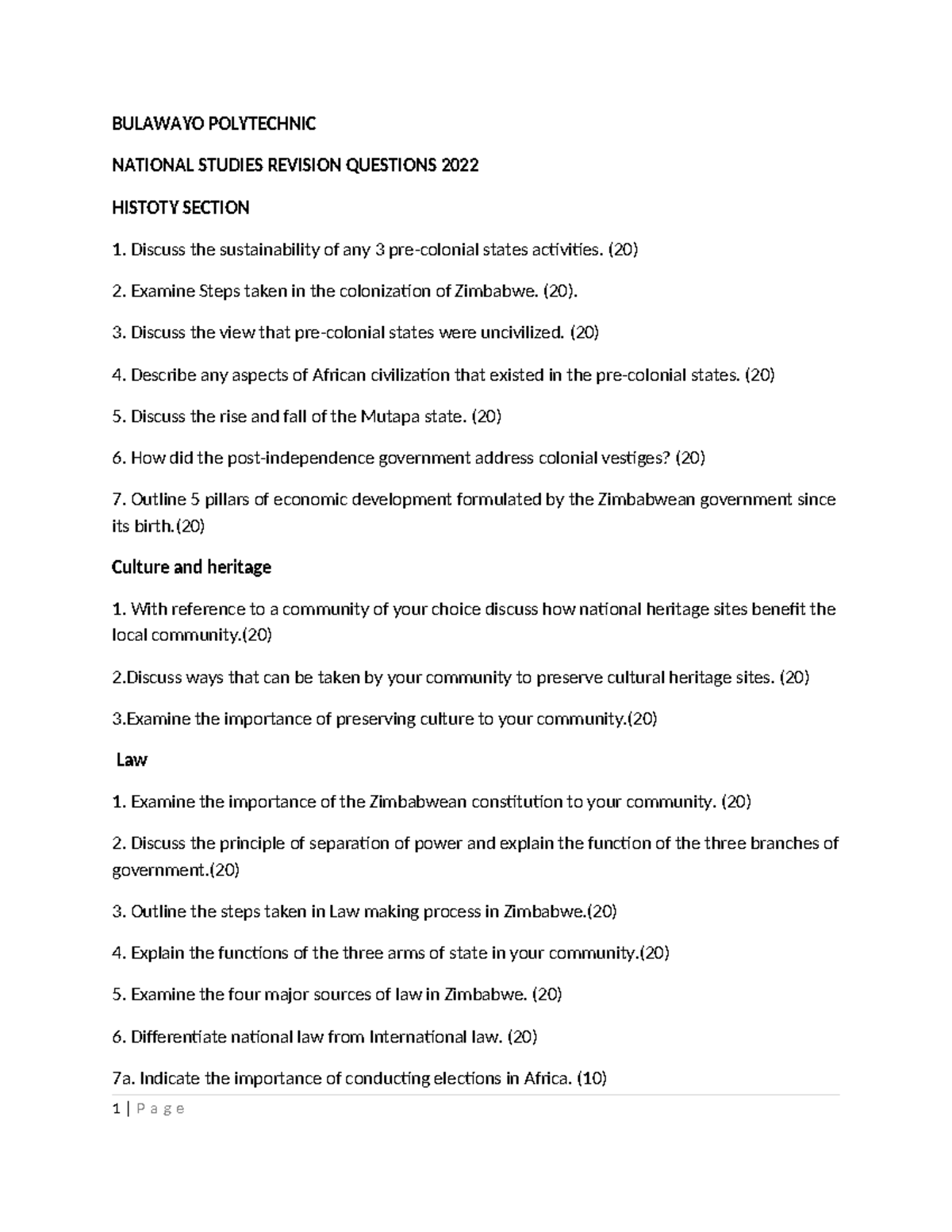 BULAWAYO POLYTECHNIC NATIONAL STUDIES REVISION QUESTIONS 2022 - Studocu