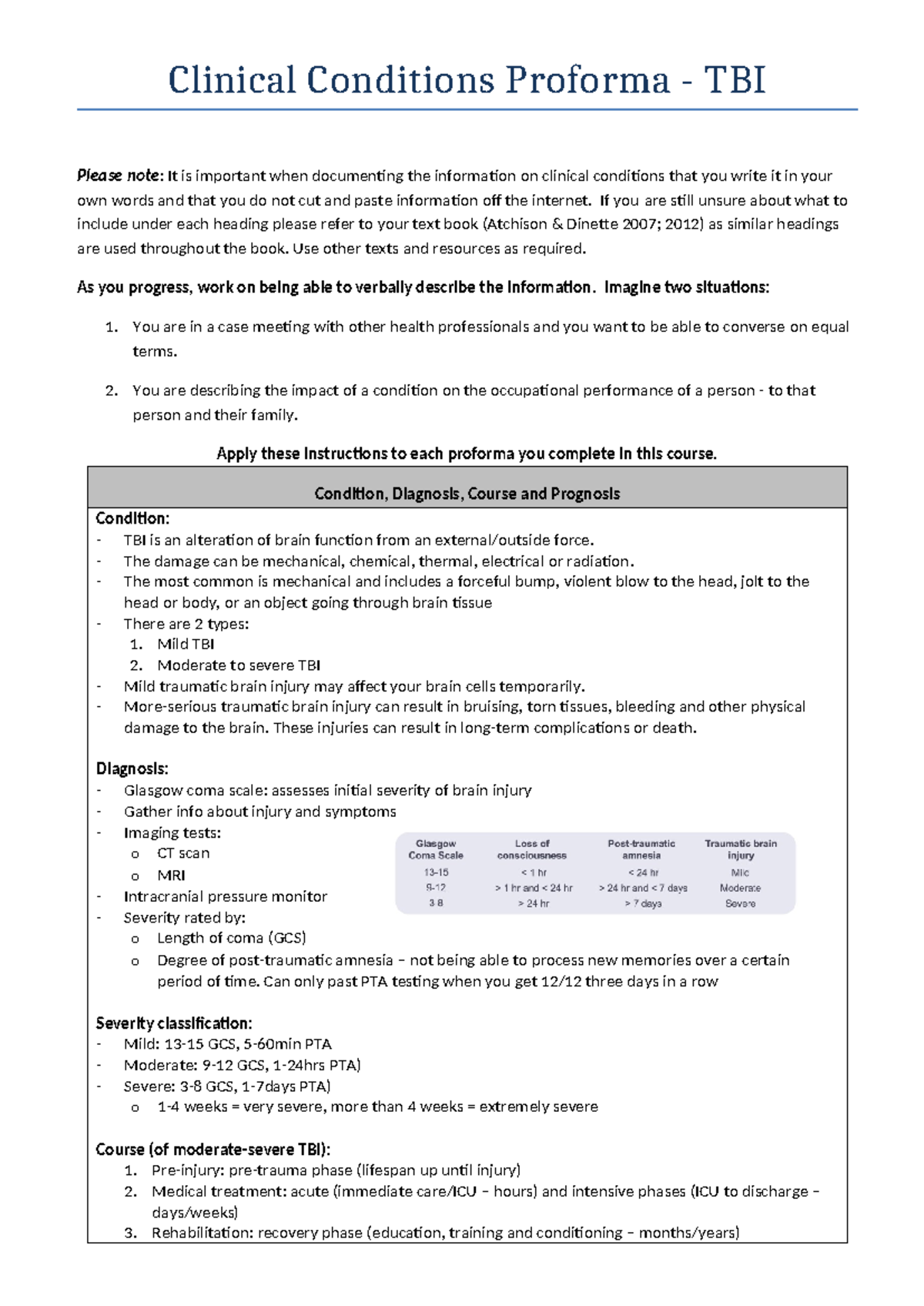 TBI Clinical Conditions Proforma: Comprehensive Assessment Guide - Studocu
