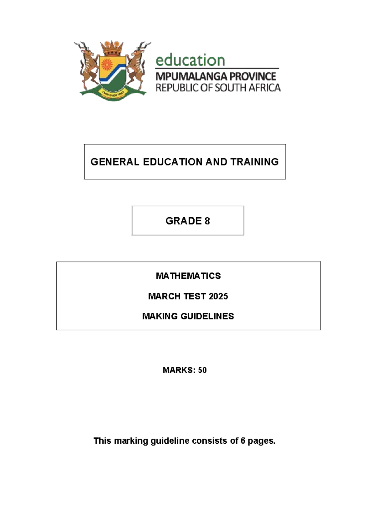 Grade 8 Mathematics March Test 2025 Marking Guidelines - Studocu