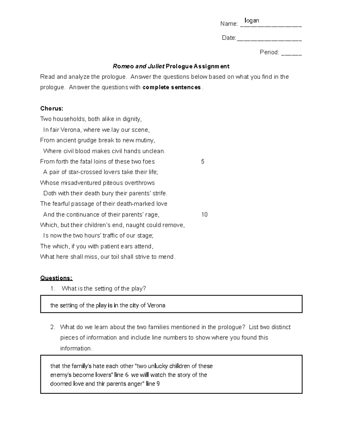 Romeo and Juliet Prologue Assignment - Analysis & Questions - Studocu