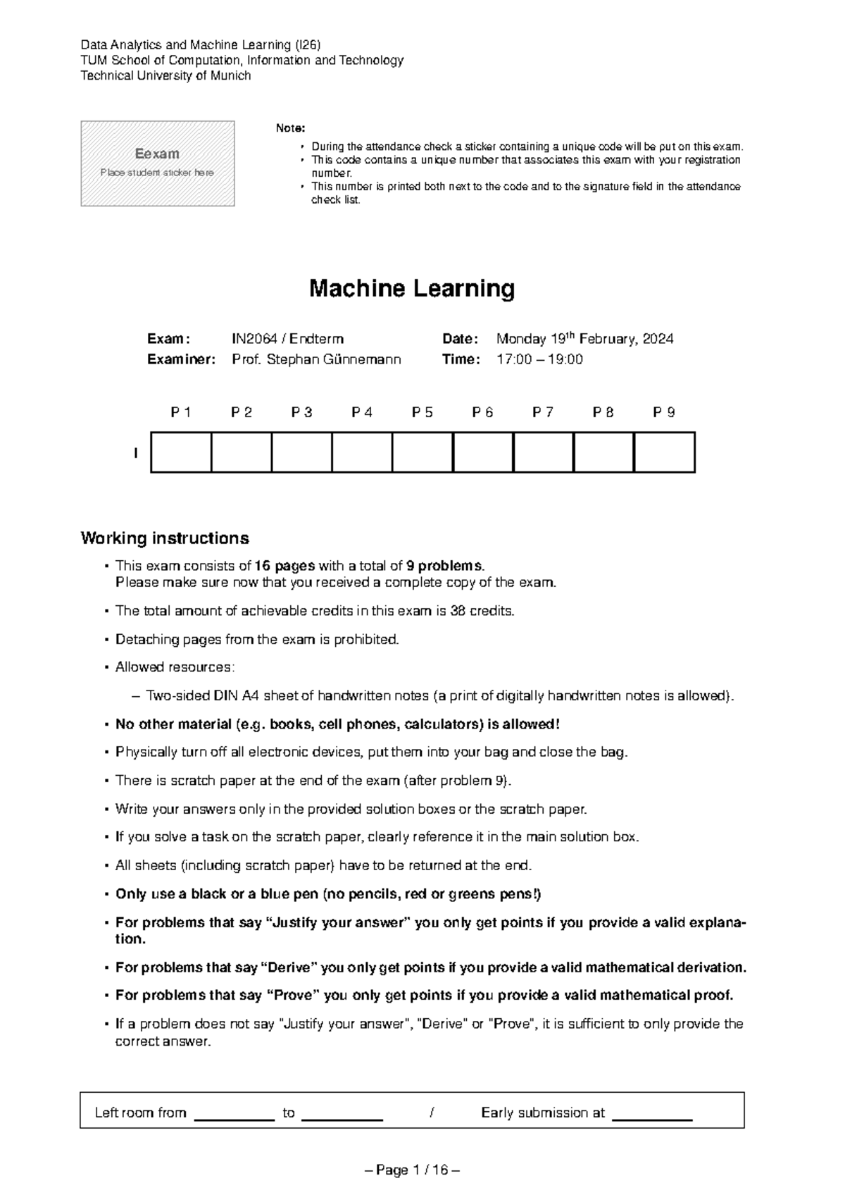 **Final Exam IN2064 - Data Analytics and Machine Learning WS 2023-2024 ...