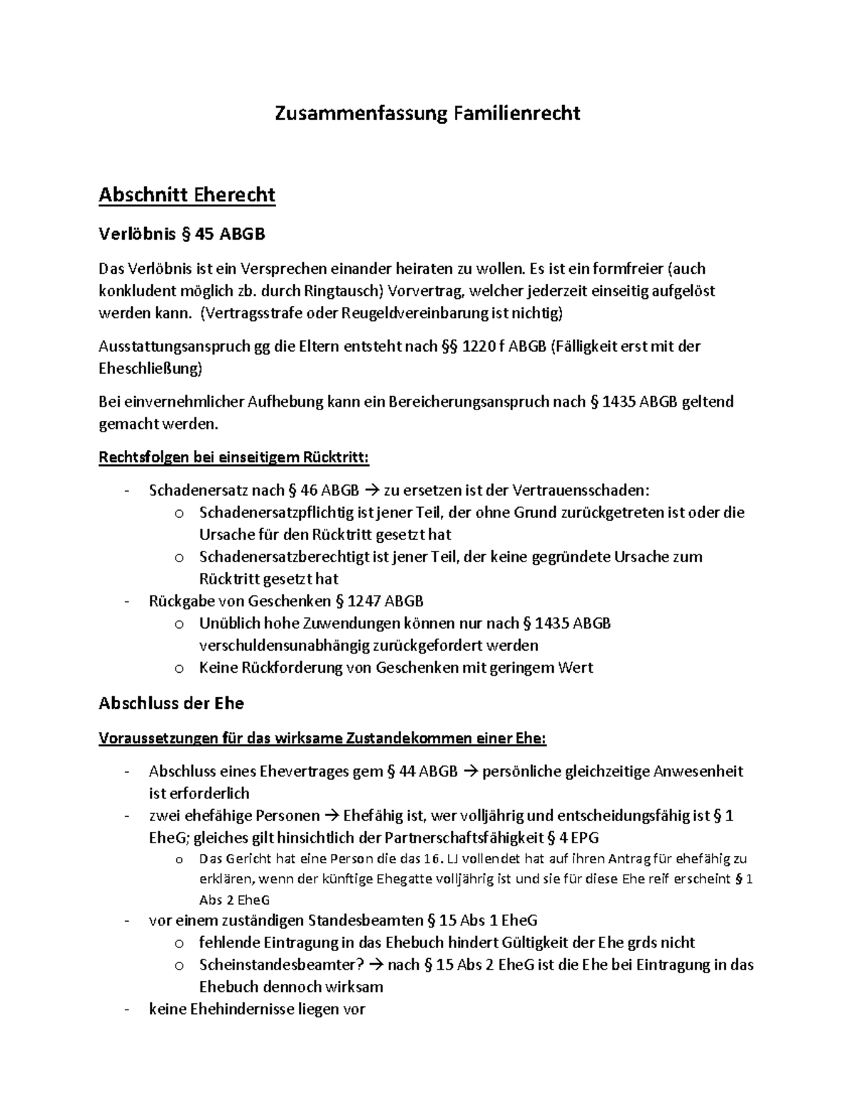 Zusammenfassung Familienrecht: Eherecht und Verlöbnis 45 ABGB - Studocu