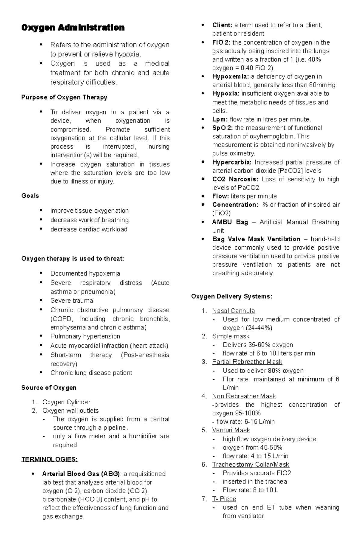 Oxygen Administration for Hypoxia Relief: Key Concepts and Devices ...
