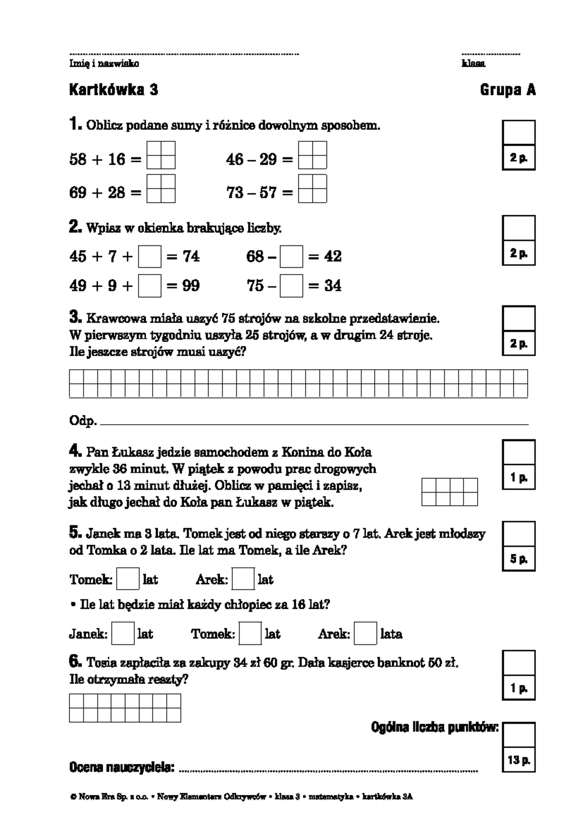 Kartkówka 3A z matematyki - Obliczenia i zadania dla klasy 3 - Studocu