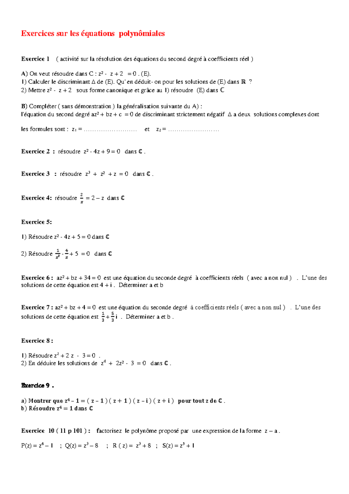 Exercices sur les Équations Polynômiales - math 101 - Studocu