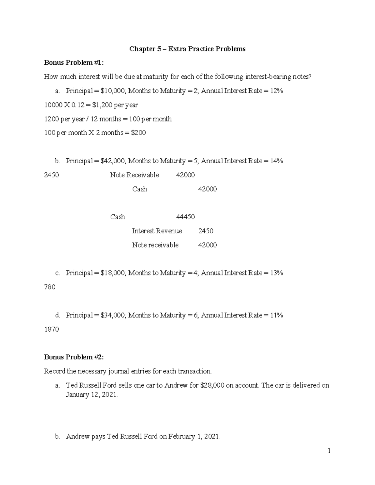 Chapter 5 - Extra Practice Problems: Interest & Bad Debt Calculations ...
