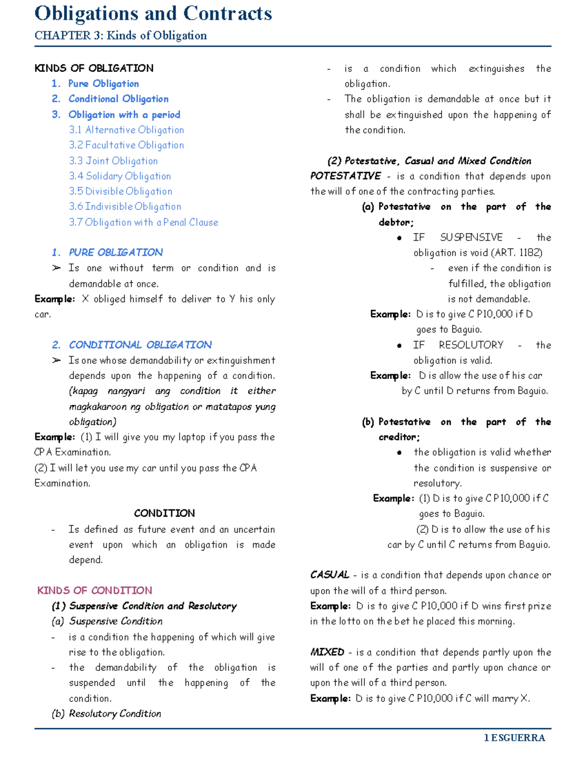 Obligations and Contracts (Oblicon) CHAPTER 3: Types of Obligation ...
