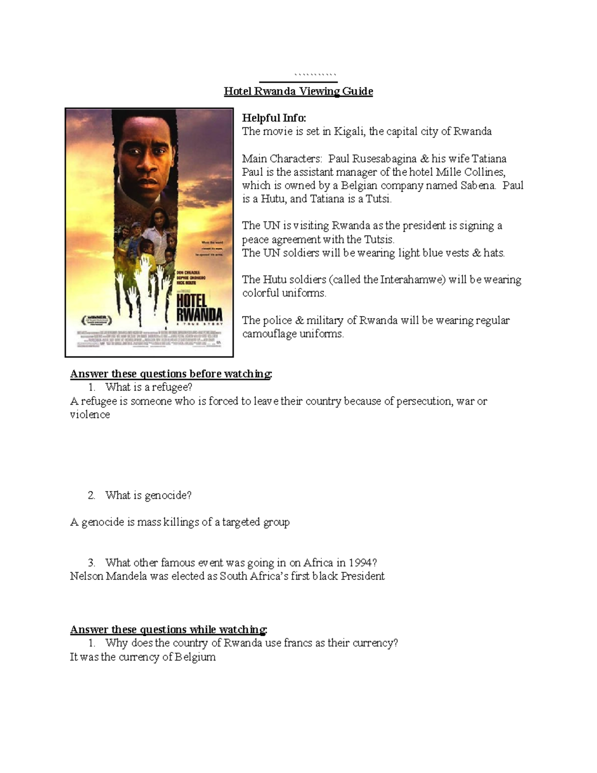 Hotel Rwanda Viewing Guide: Key Notes & Questions for Discussion - Studocu