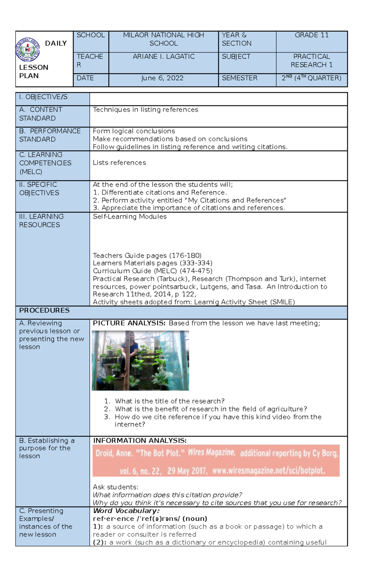 Grade 11 Practical Research 1: Lesson Plan on Citations & References ...