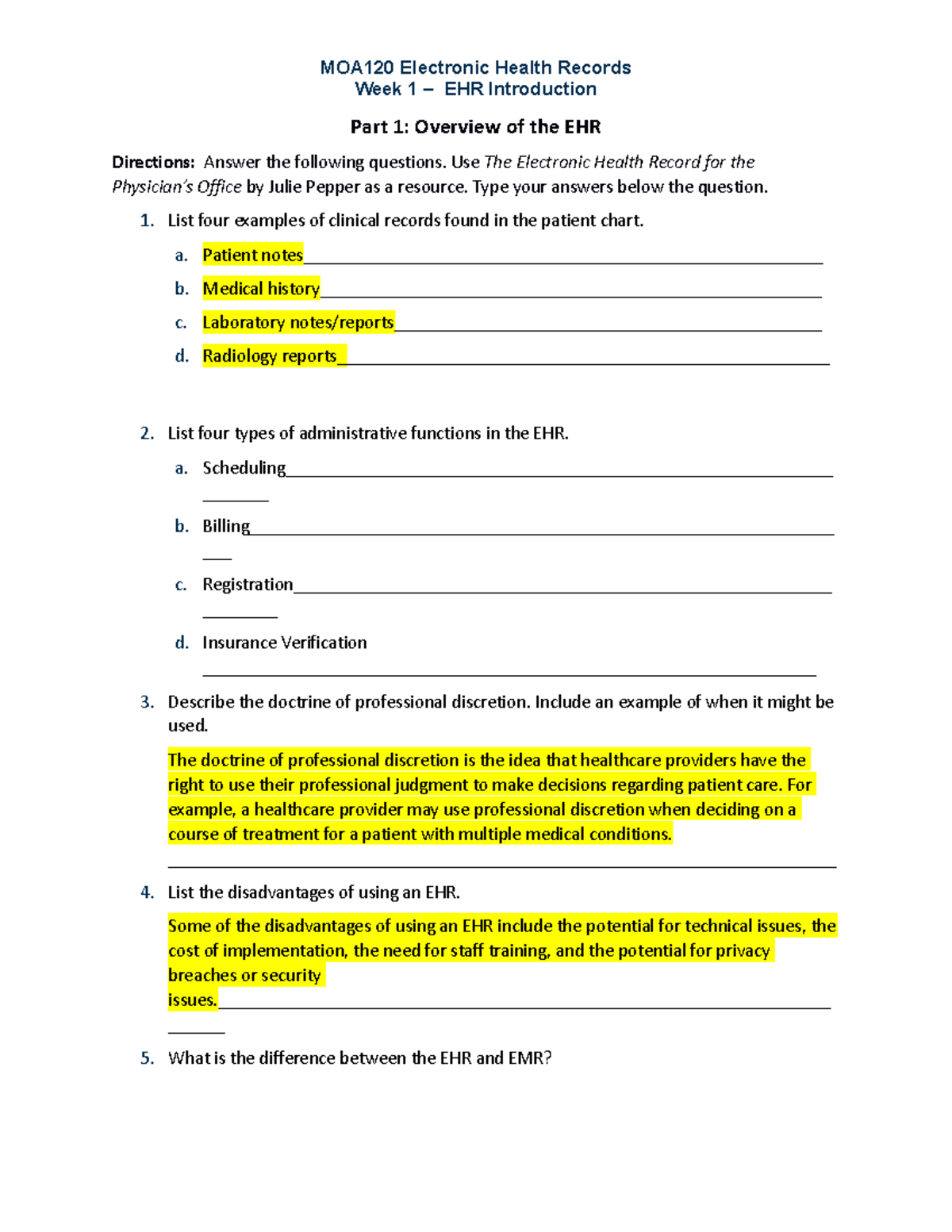 Wk1Assignment - EHR Introduction Overview and Review Activities - Studocu