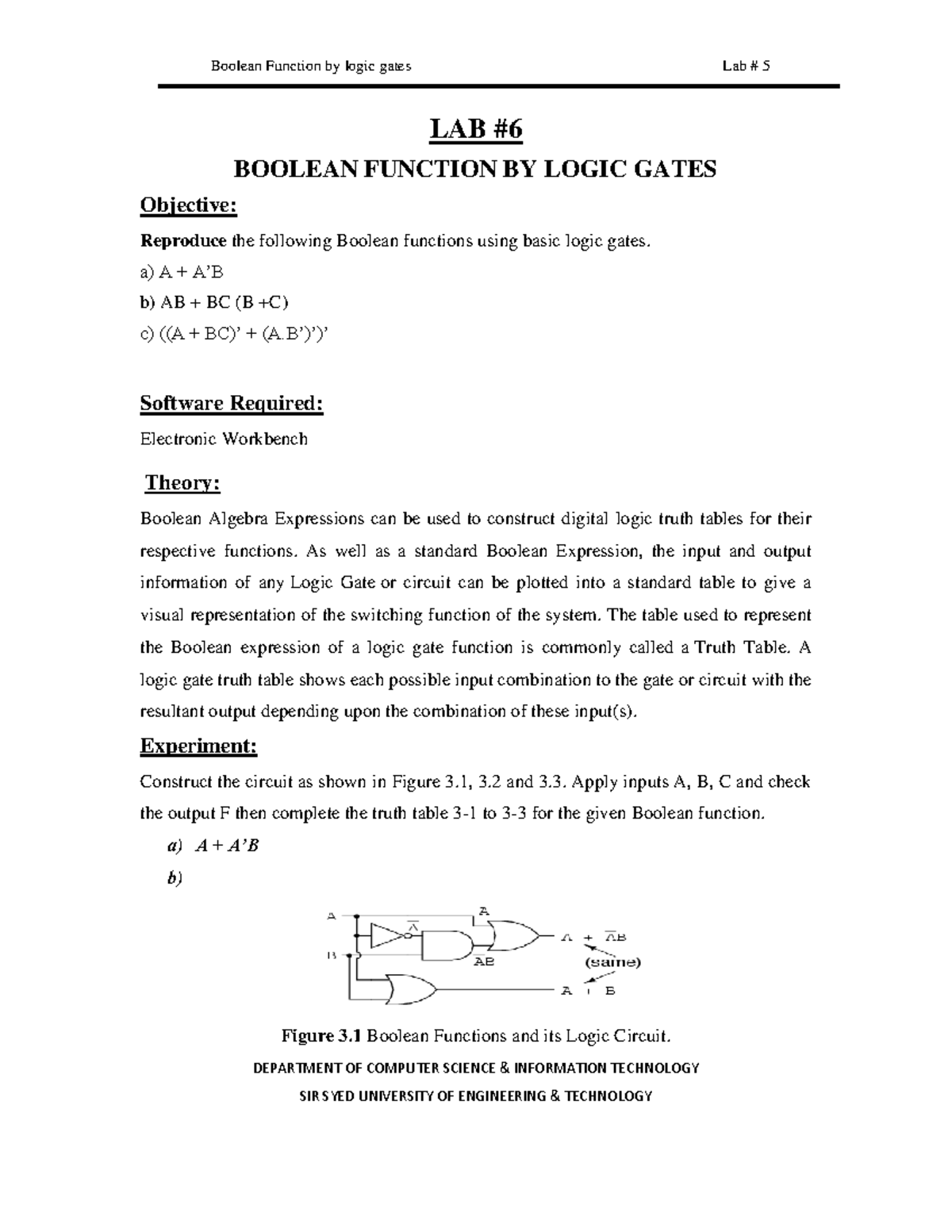 LAB 6 - AICT sir syed university - Boolean Function by logic gates Lab ...