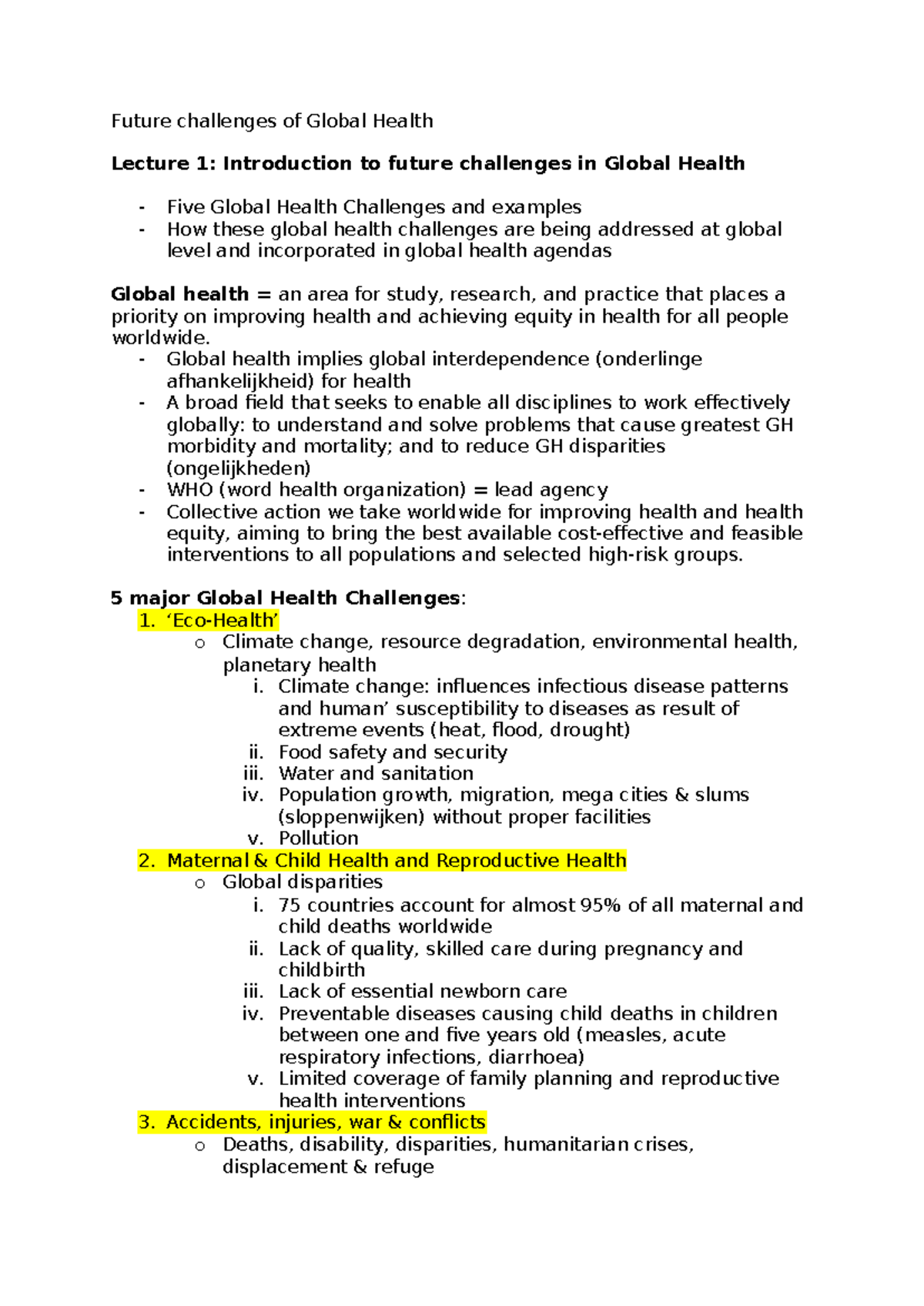 Global Health Challenges: Lecture 1 Overview and Key Issues - Studeersnel