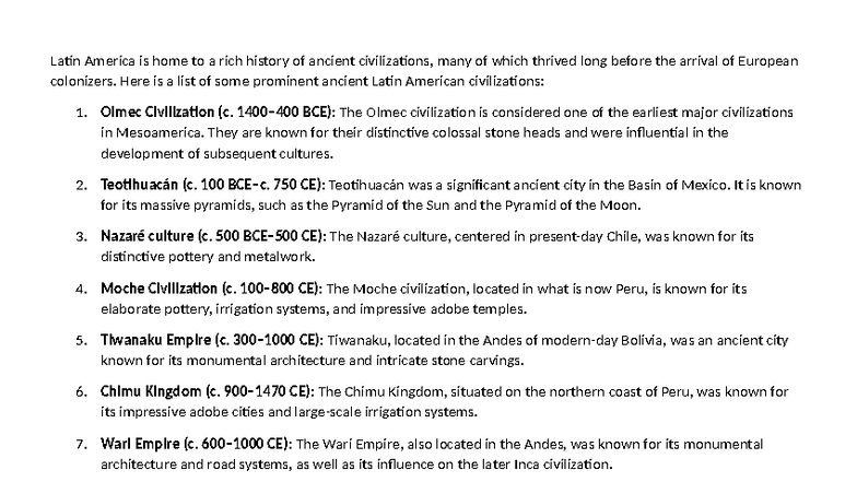 Latin America Ancient Civilizations Overview (HIST 101) - Studocu