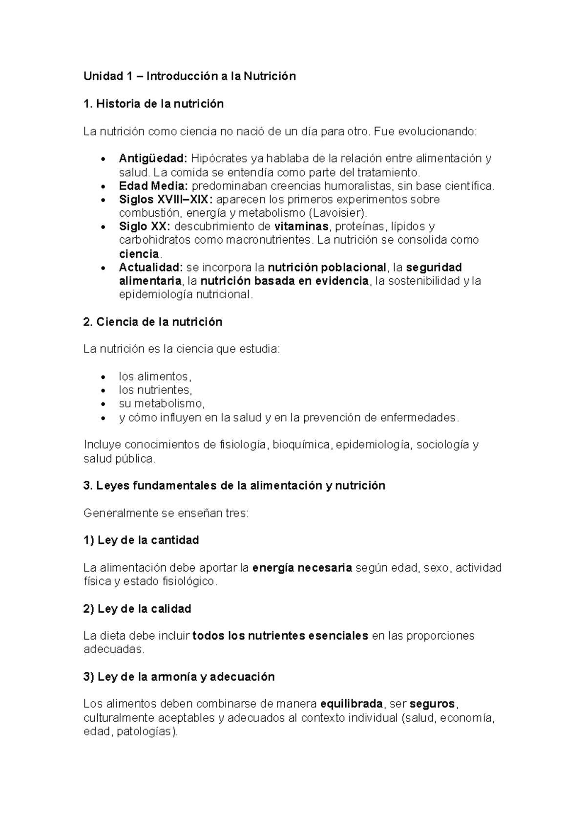 Resumen Unidad 1: Introducción a la Nutrición y Preguntas (NUT 101 ...