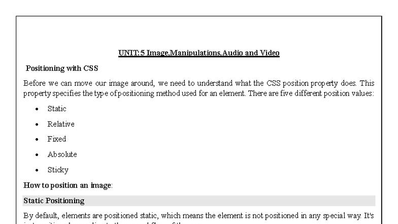Unit 5: CSS Positioning, Image Manipulation & Audio/Video Handling - Studocu