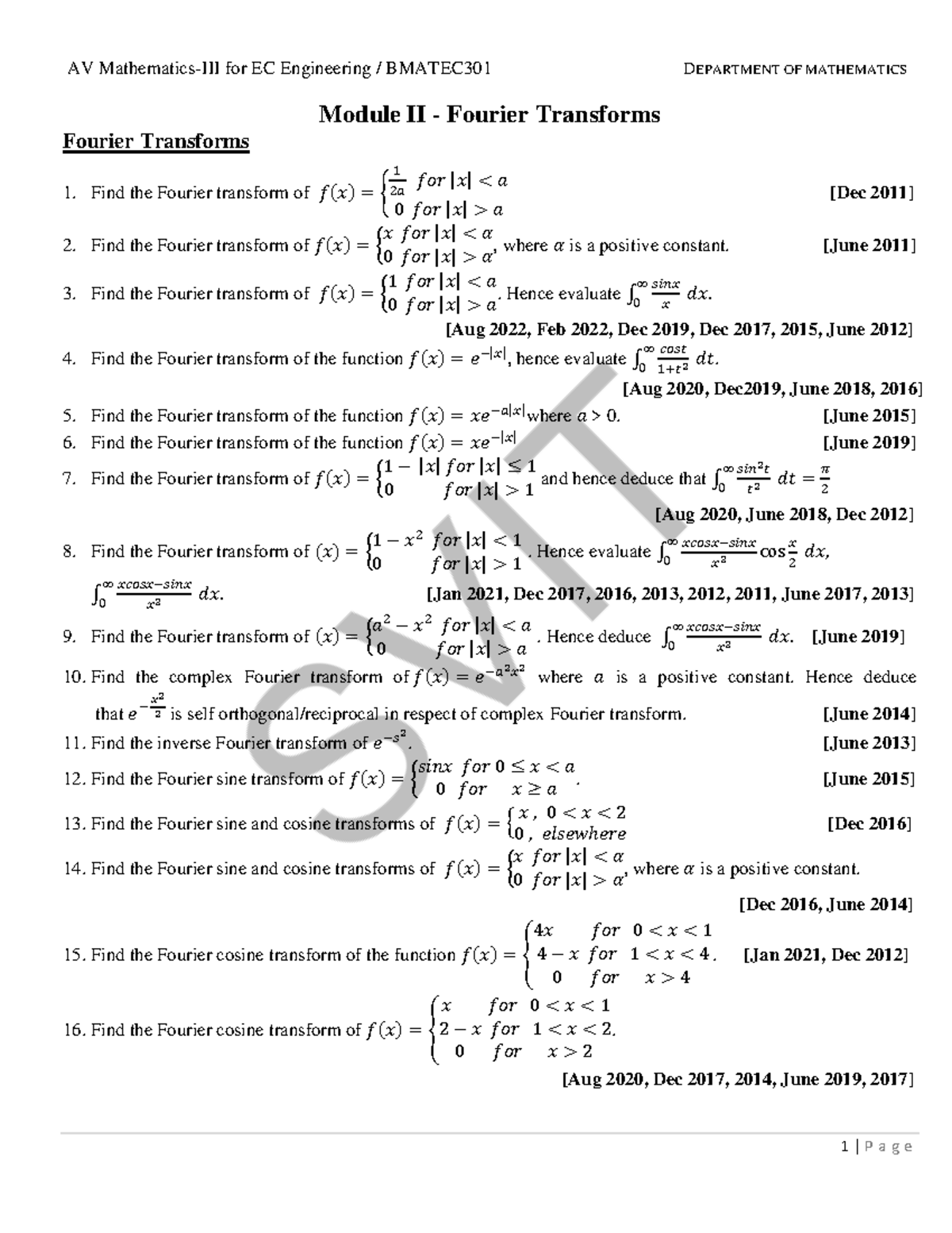 Module 2 QB - Infinite Fourier Transforms Question Bank included with ...