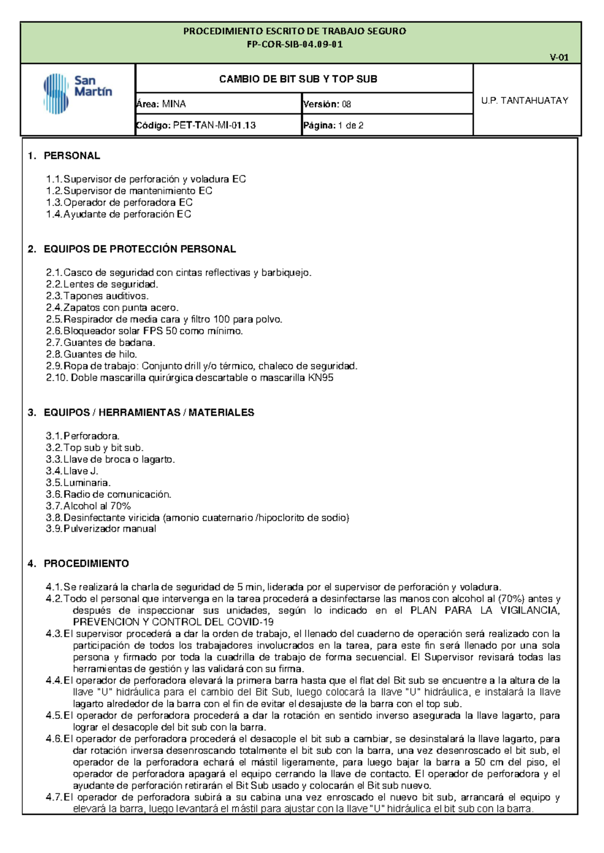 PET-TAN-MI-01.13 Procedimiento Seguro para Cambio de Bit Sub y Top Sub ...