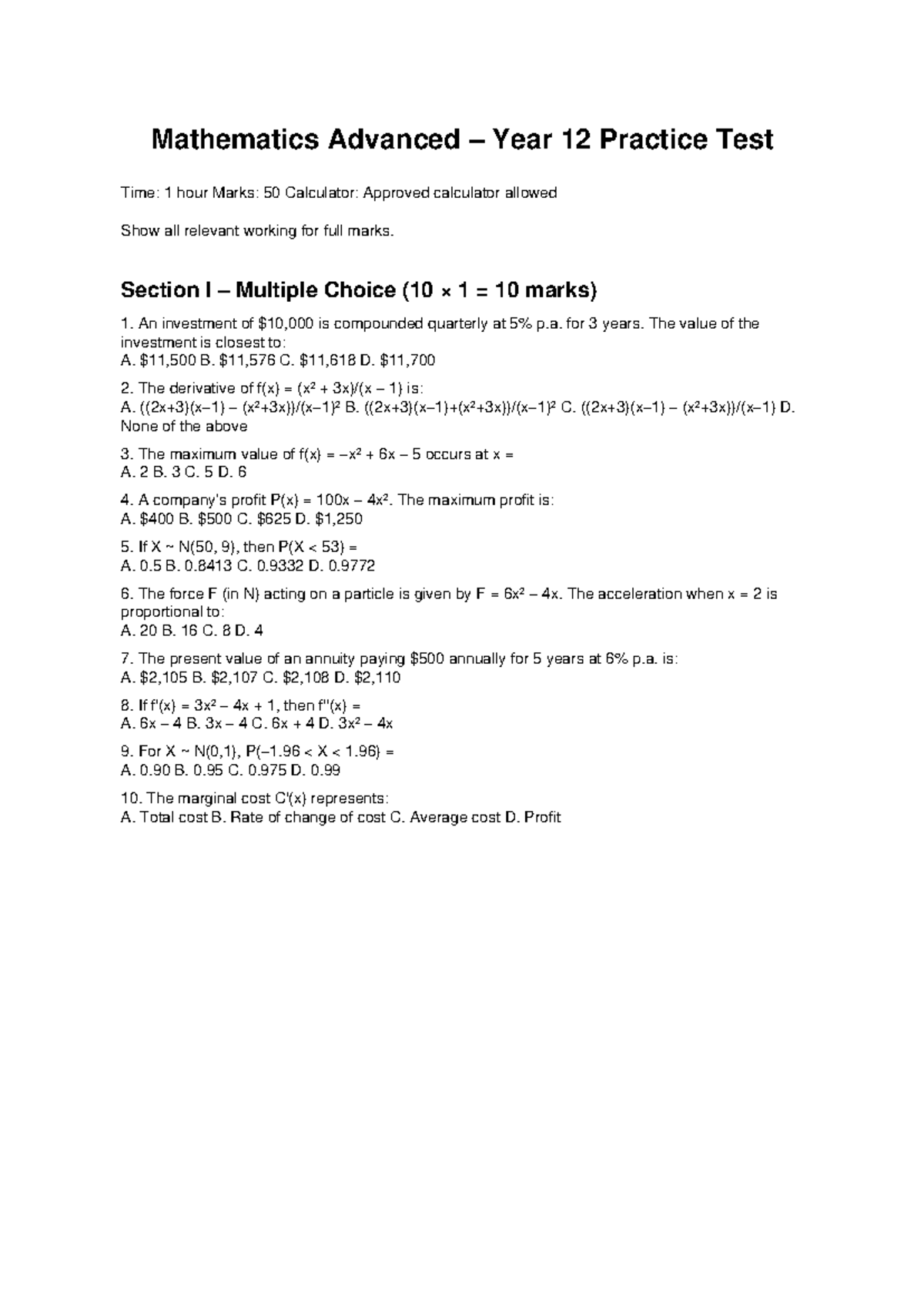 HSC Maths Adv. Year 12 Practice Test: Compounding & Derivatives - Studocu
