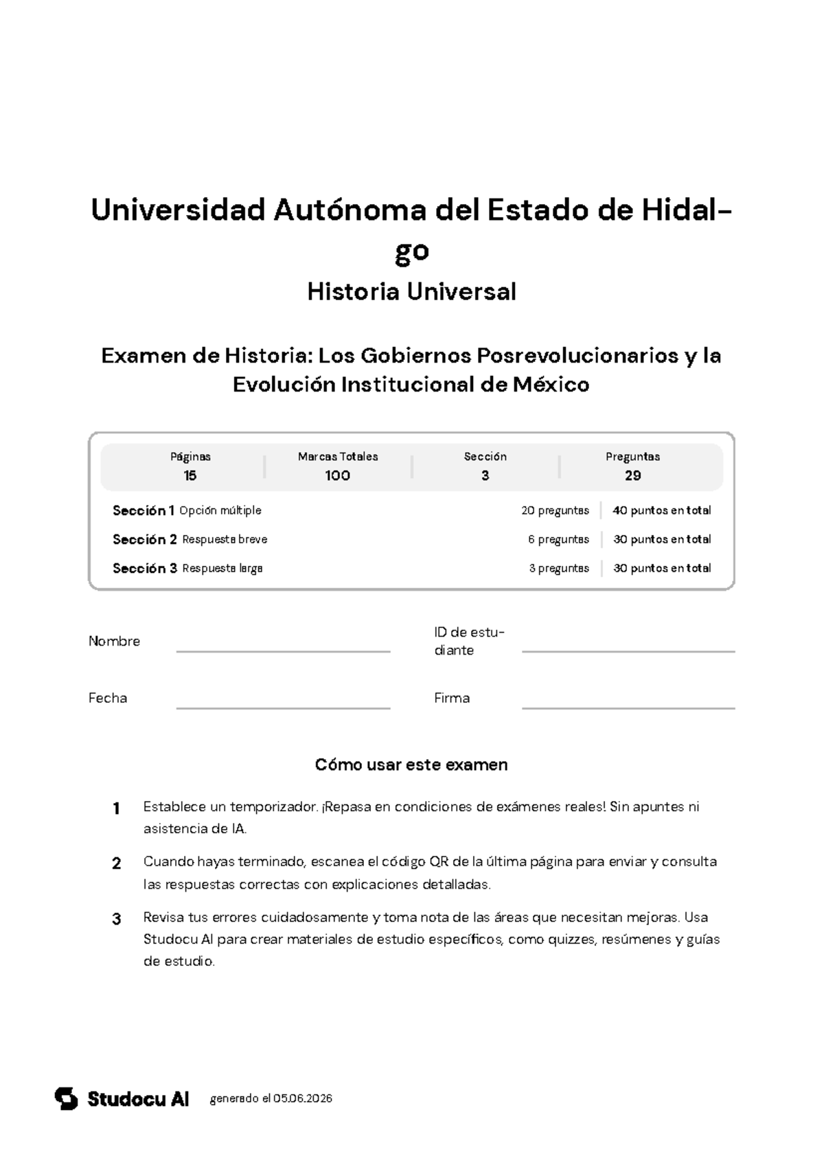 Examen de Historia: Gobiernos Posrevolucionarios en México - Studocu